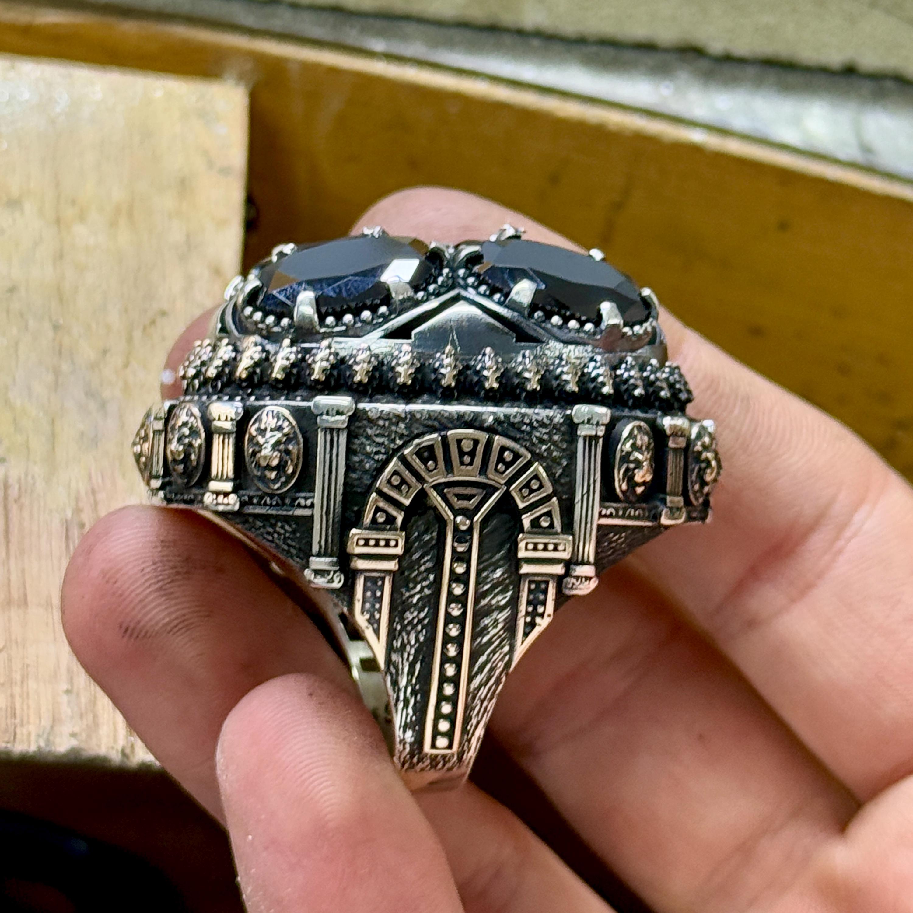 Men Silver Large Black Onyx Ring , Leon Head Figured Onyx Ring, Big ...