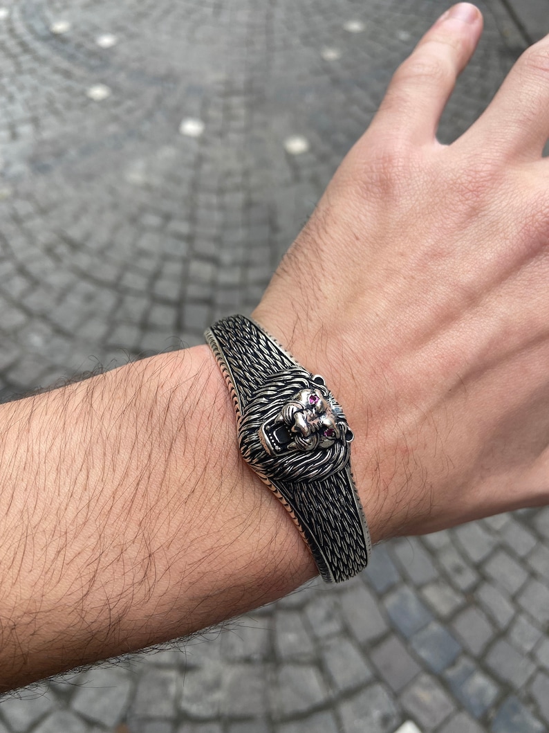 Man Lion Bracelet , Liond Head Bracelet , Wild Lion Bracelet , Silver ...