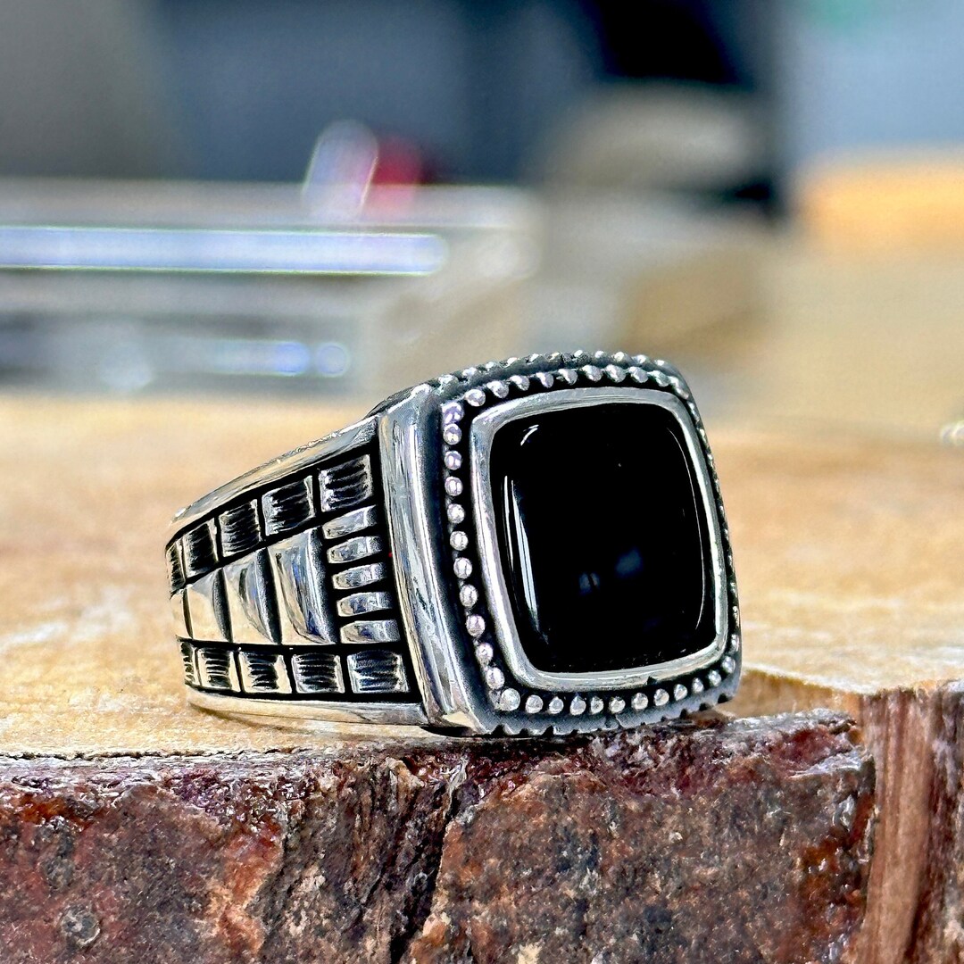 Men Black Onyx Signet Ring , Square Onyx Ring , Onyx Wedding Ring for ...