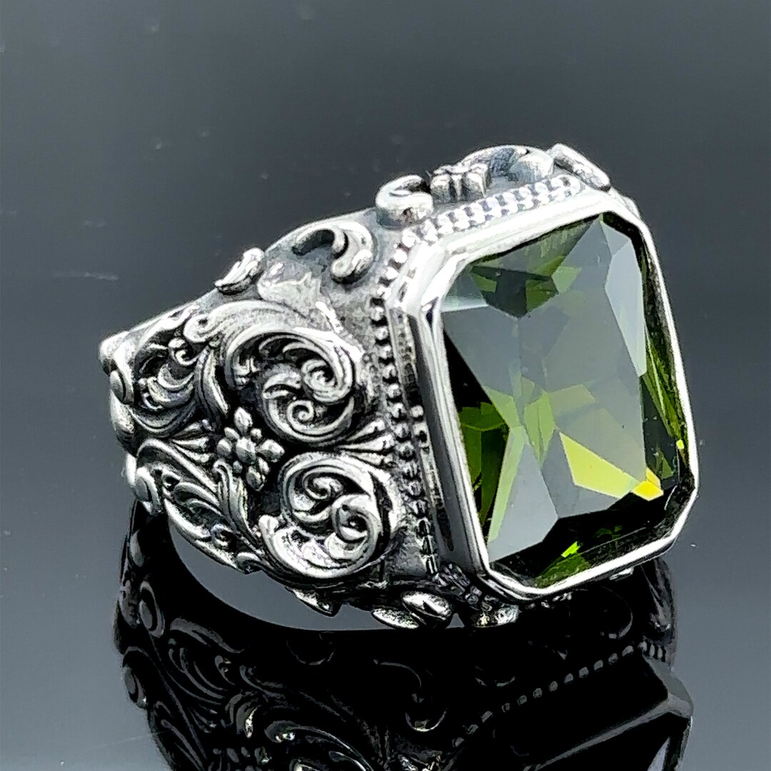 Men Silver Peridot Gemstone Ring, Handmade Engraved Men Ring, Ottoman ...