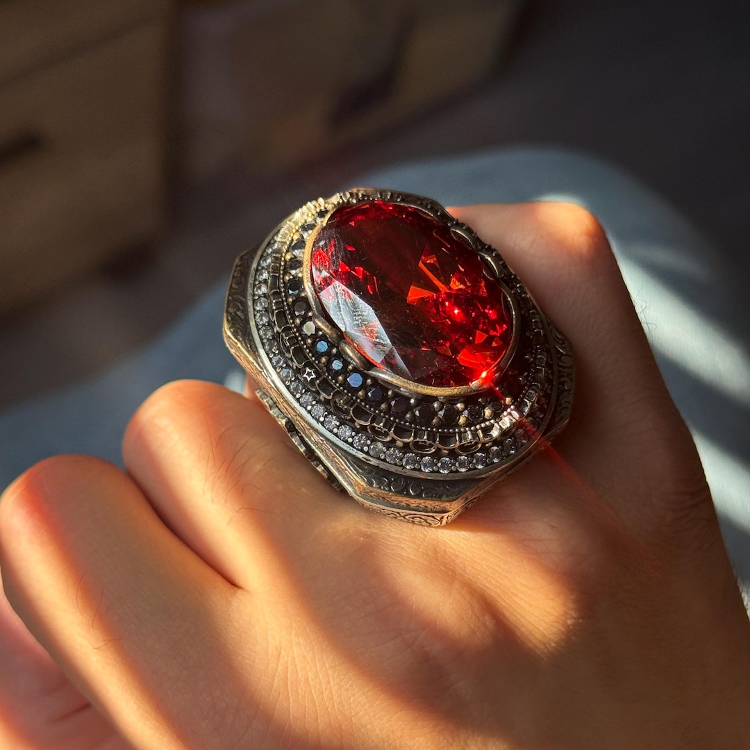 925 Sterling Silver Large Ruby Ring, Ottoman Style Large Ring, Dark ...