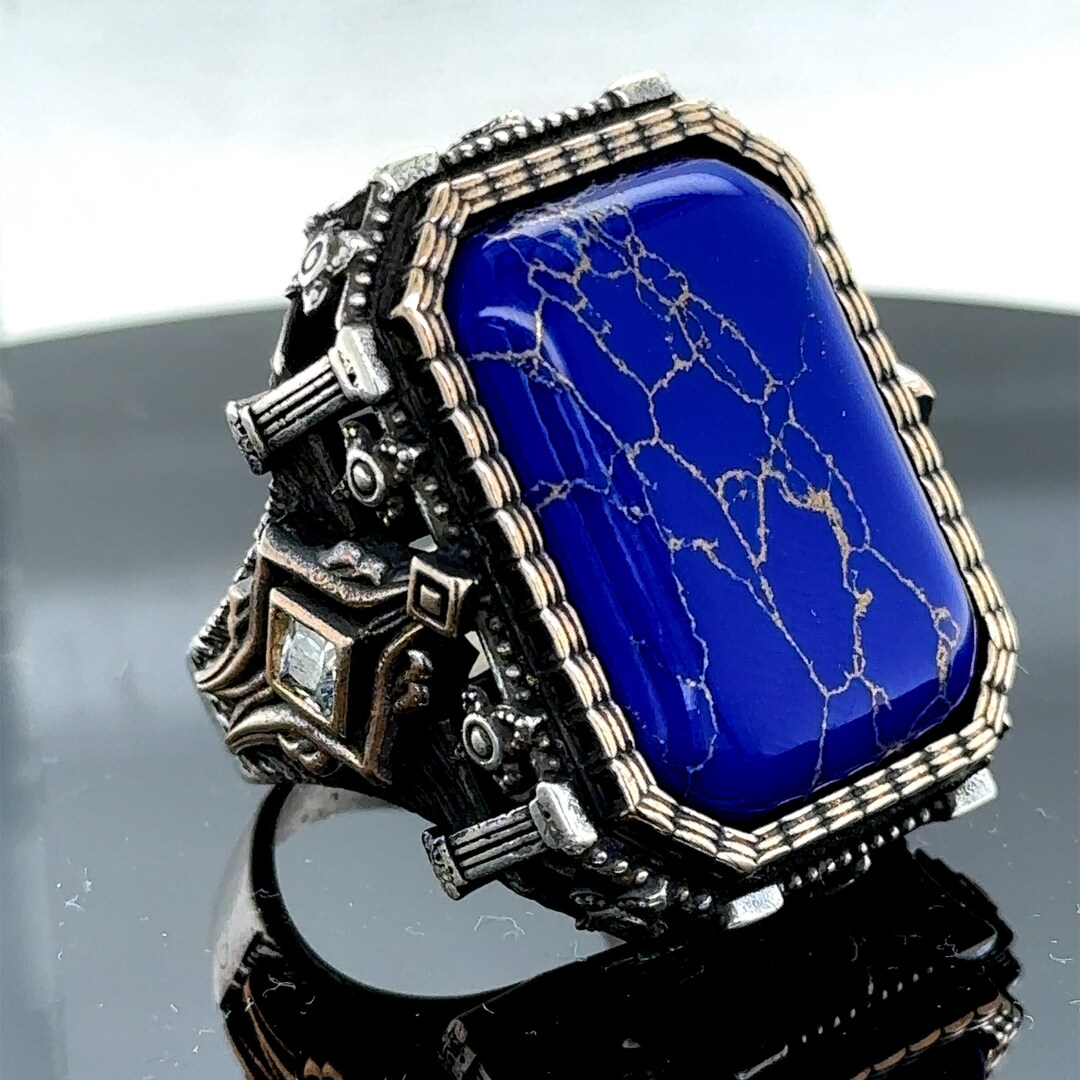 Silver Large Lapis Lazuli Ring, Natural Blue Lapis Signet Ring, Men ...