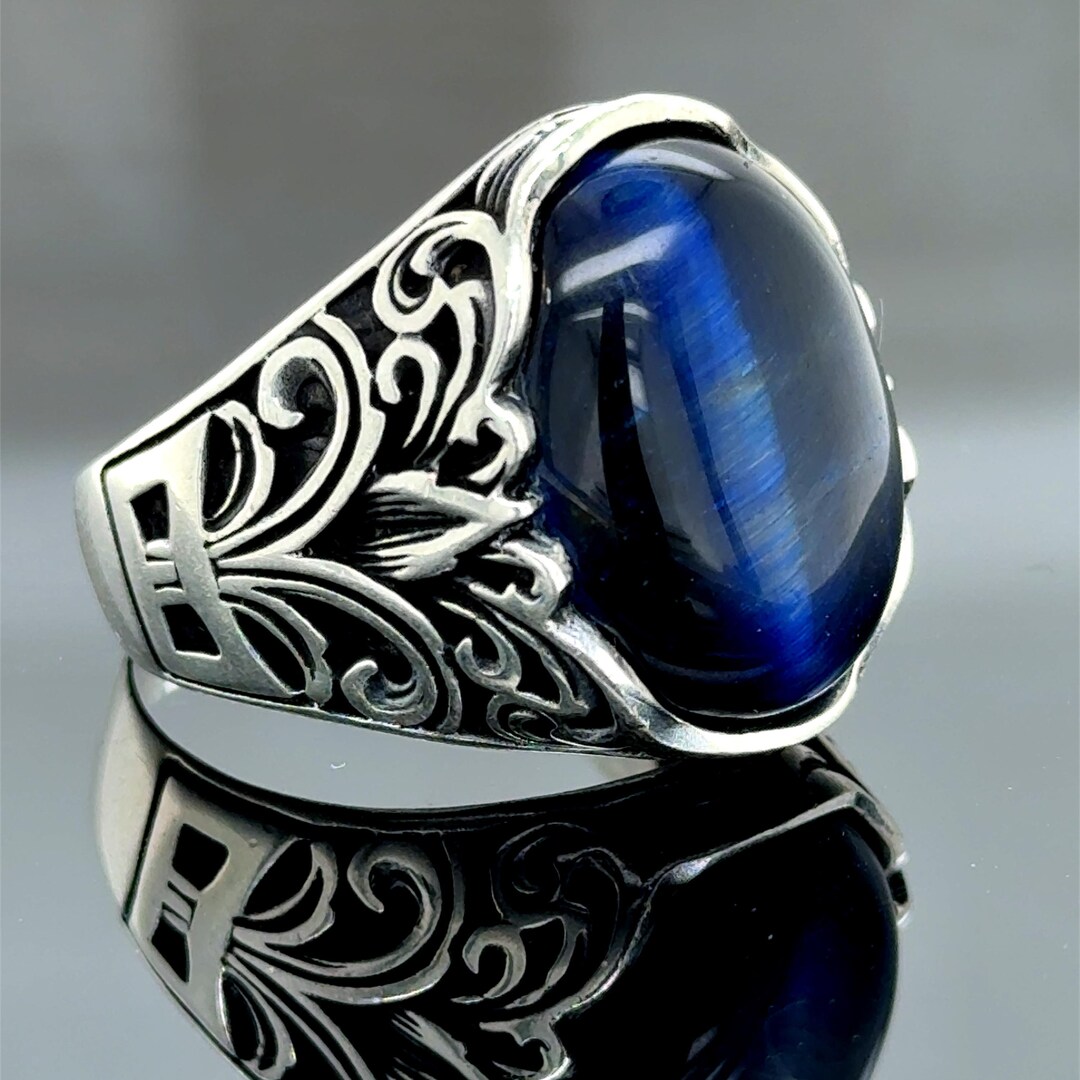 Men Silver Blue Tiger Eye Men Ring, Handmade Silver Men Ring , Father ...