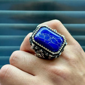 Silver Large Lapis Lazuli Ring, Natural Blue Lapis Signet Ring, Men ...