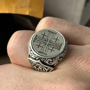 Silver Jerusalem Cross Ring, Engraved Religious Signet Ring, Handmade ...
