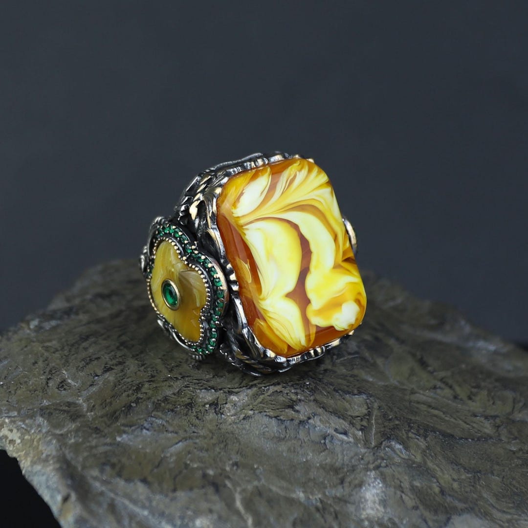 Men Handmade Large Yellow Agate Ring, Large Natural Aqeeq Gemstone Ring ...