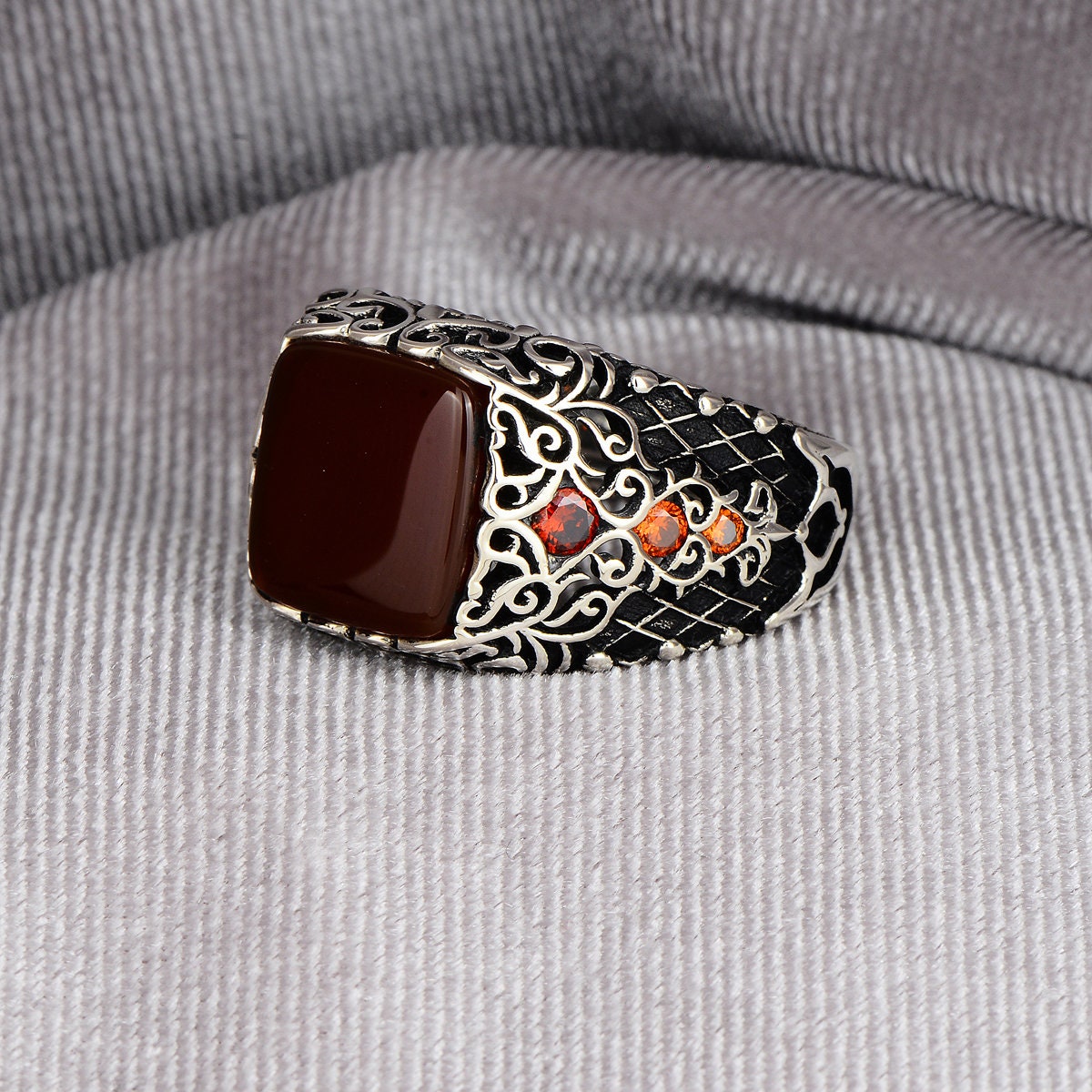 Man Handmade Ring , Square Agate Stone Ring , Red Agate Stone Ring ...