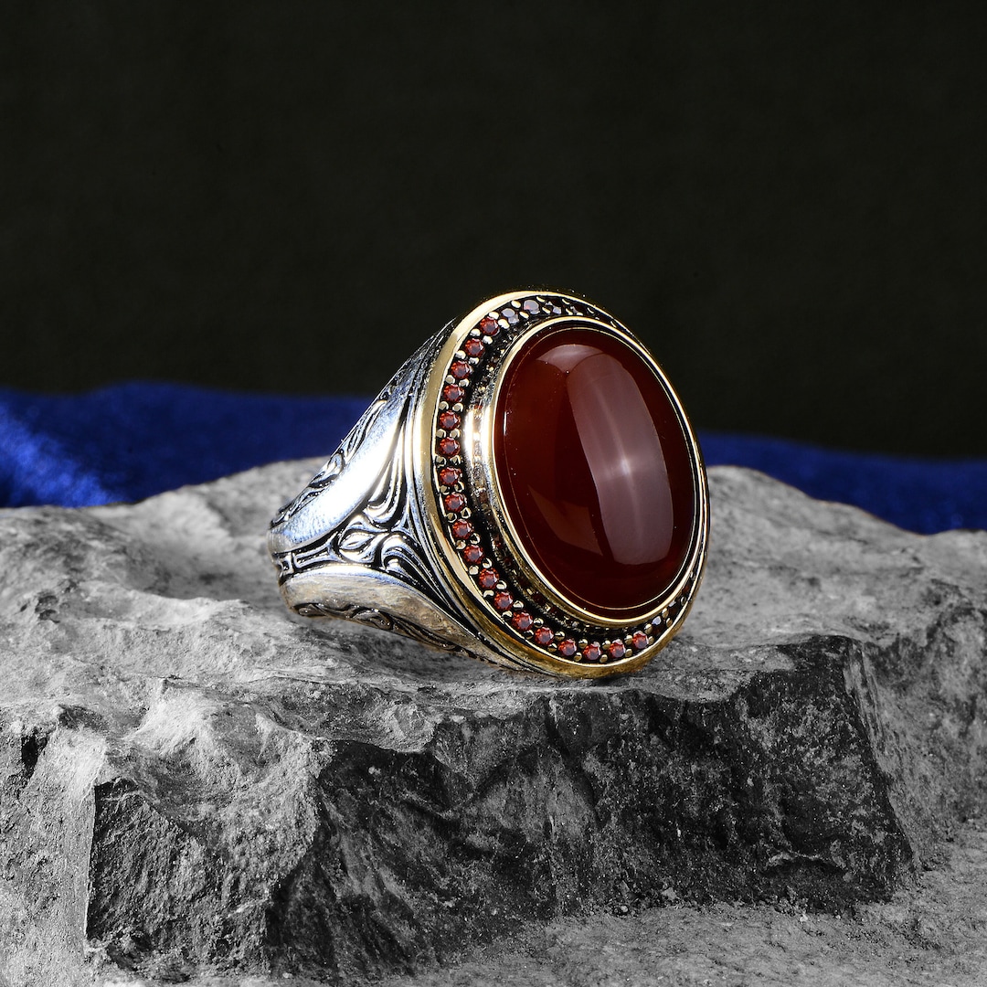 Handmade 925k Silver Red Agate Ring , Ottoman Style Ring, Silver Aqeeq ...