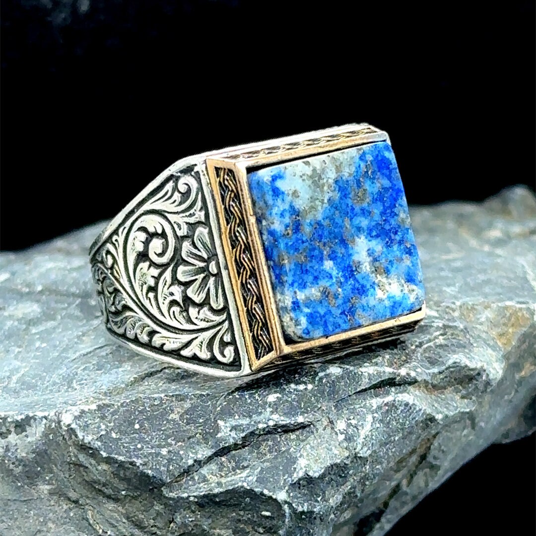 Man Square Lapis Lazuli Ring, Handmade Natural Lapis Ring, Ottoman ...
