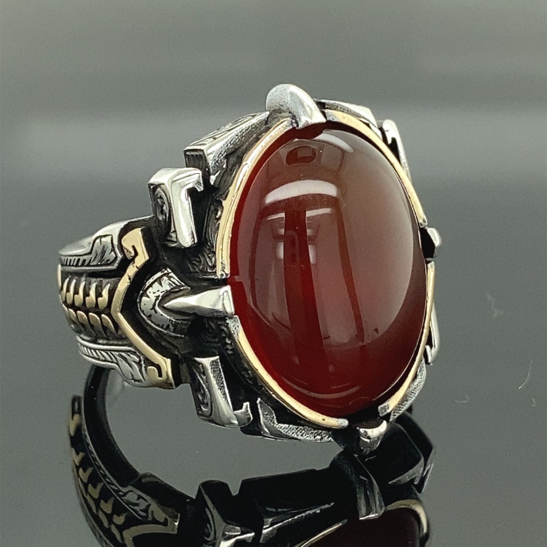 Men Red Agate Ring , Sterling Silver Vintage Ring, Oval Gemstone Ring ...