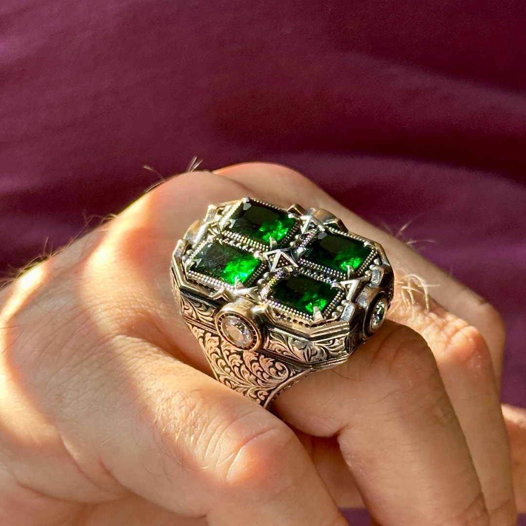 Silver Square Large Green Stone Ring , Square Emerald Stone Ring ...