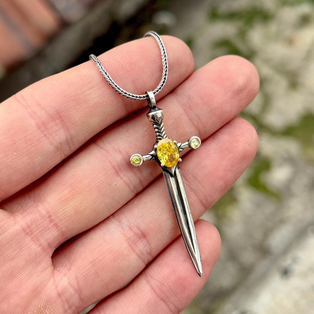 Silver Citrine Gemstone Sword Pendant , Silver Amethyst Stone Sword ...