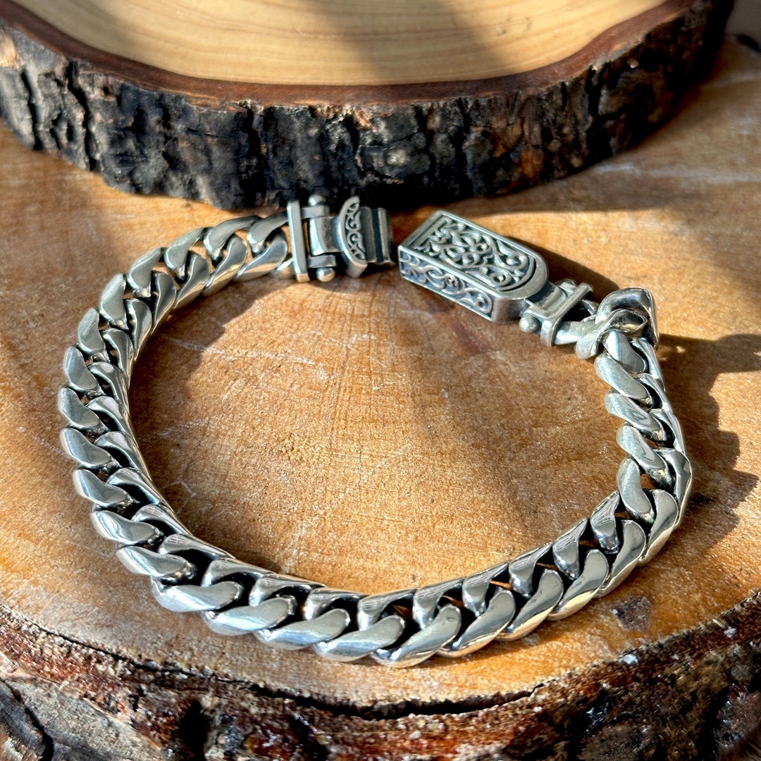 Men Silver Chain Bracelet, Link Engraved Chain Bracelet, Handcrafted ...