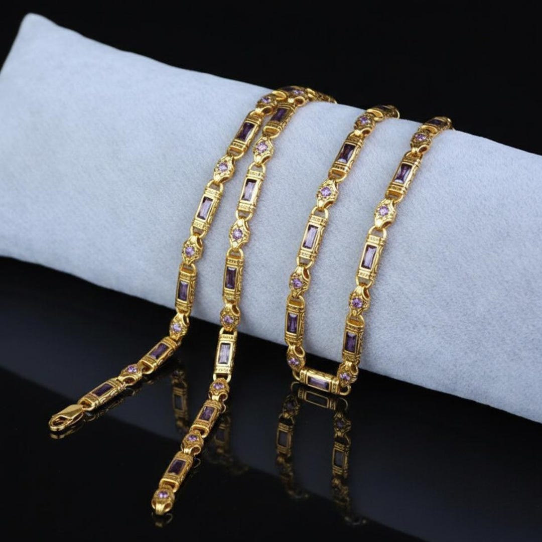 Men Gold Amethyst Gemstone Engraved Chain, Gold Hand-engraved Chain ...