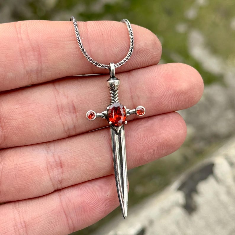 Silver Sword Pendant , Silver Ruby Stone Sword Necklace , 925 Silver ...
