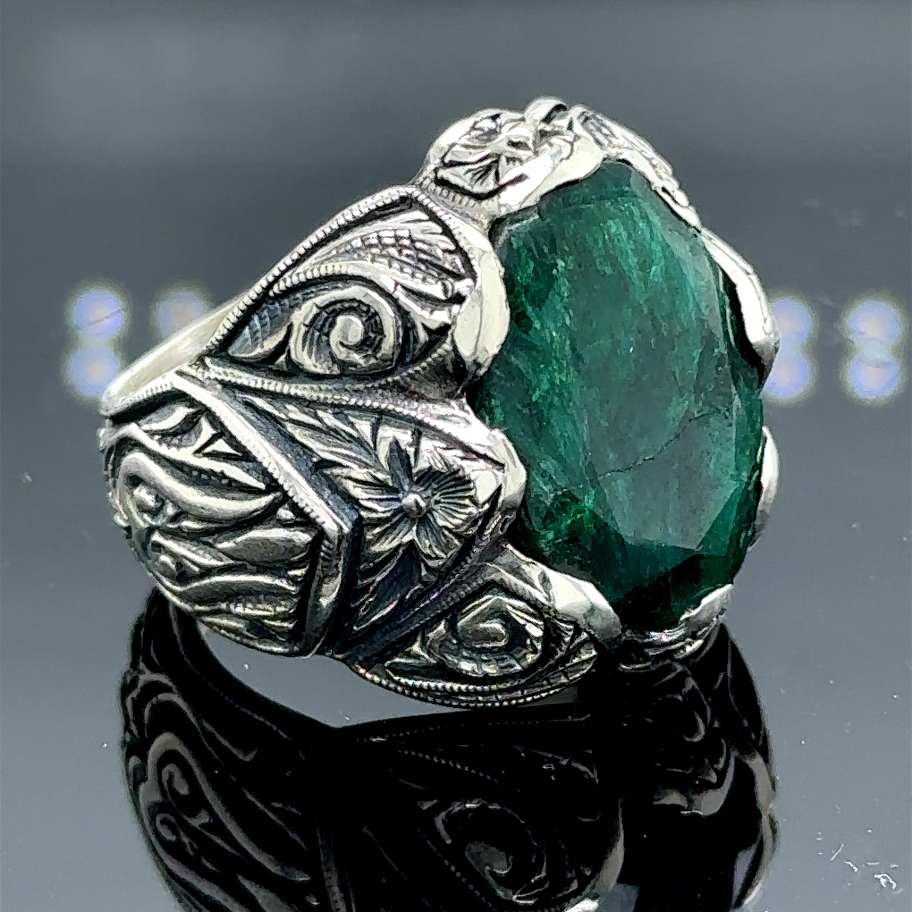 Men Silver Green Stone Ring , Handmade Emerald Stone Ring , Sterling ...