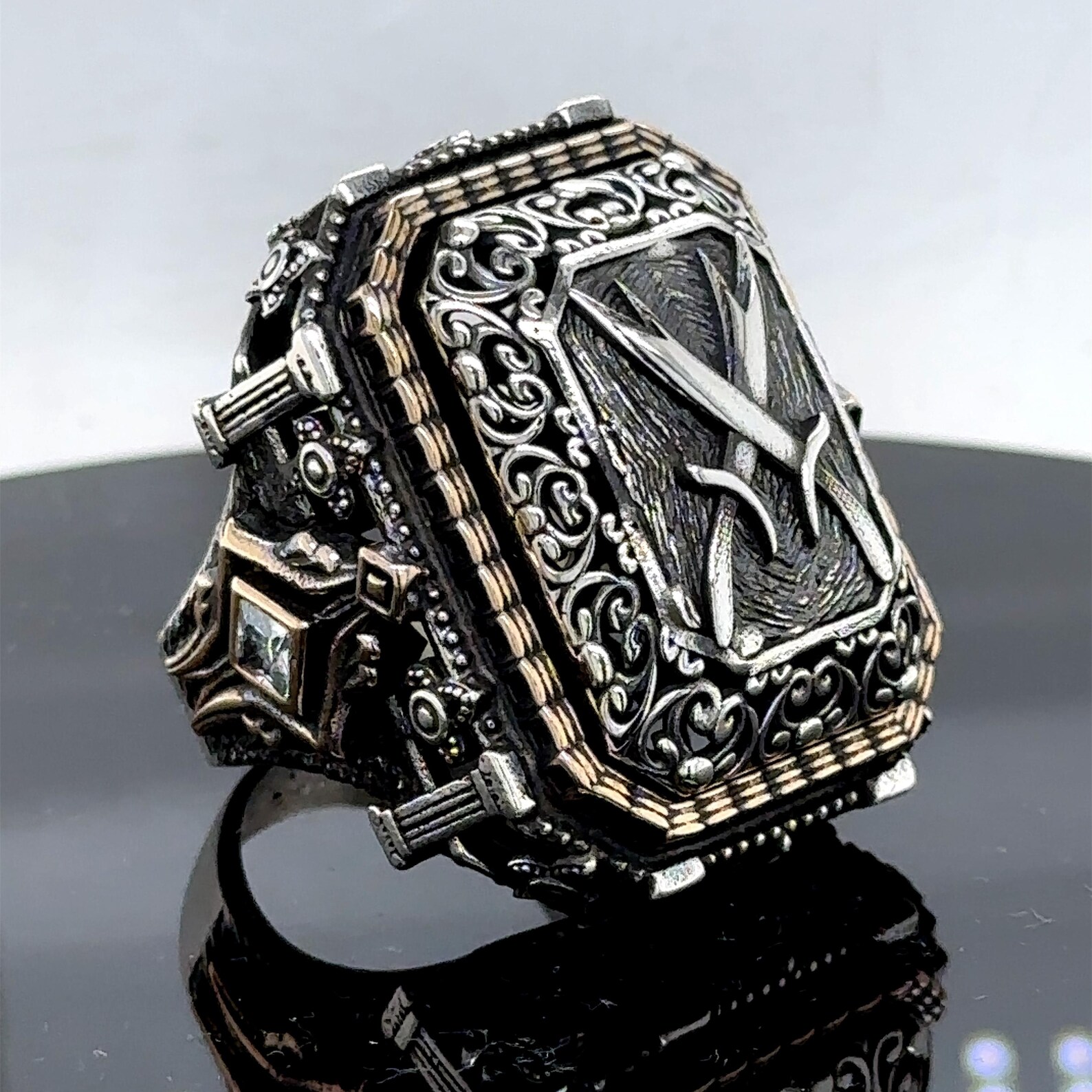 Men Silver Double Sword Ring , Large Silver Zulfiqar Sword Ring ...