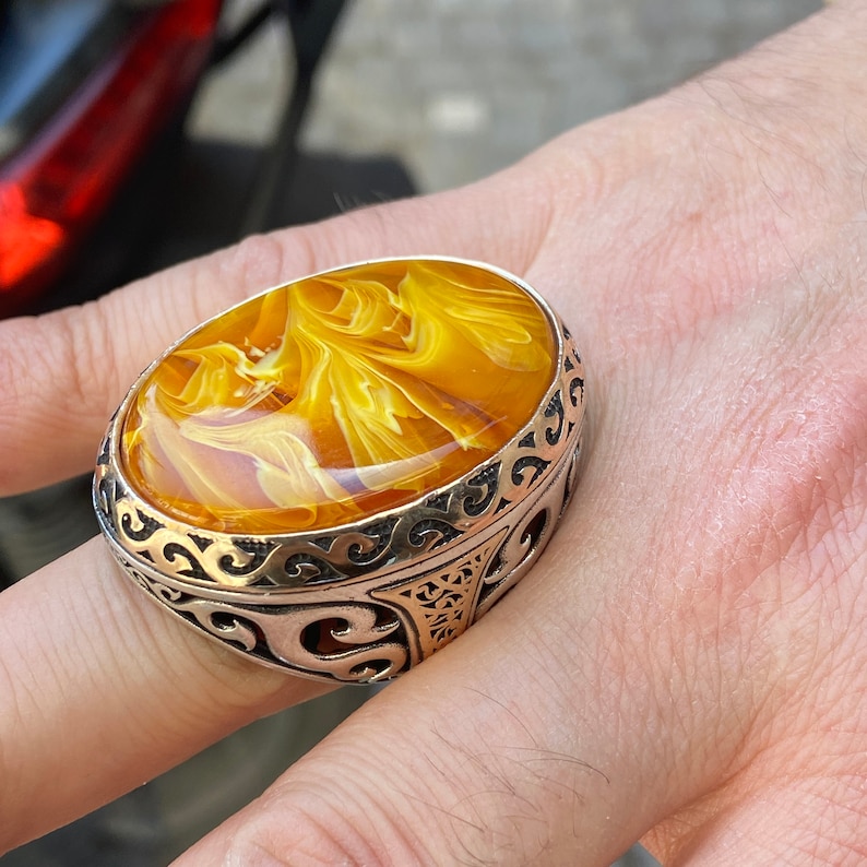 Man Silver Large Amber Stone Ring Baltic Amber Ring - Etsy