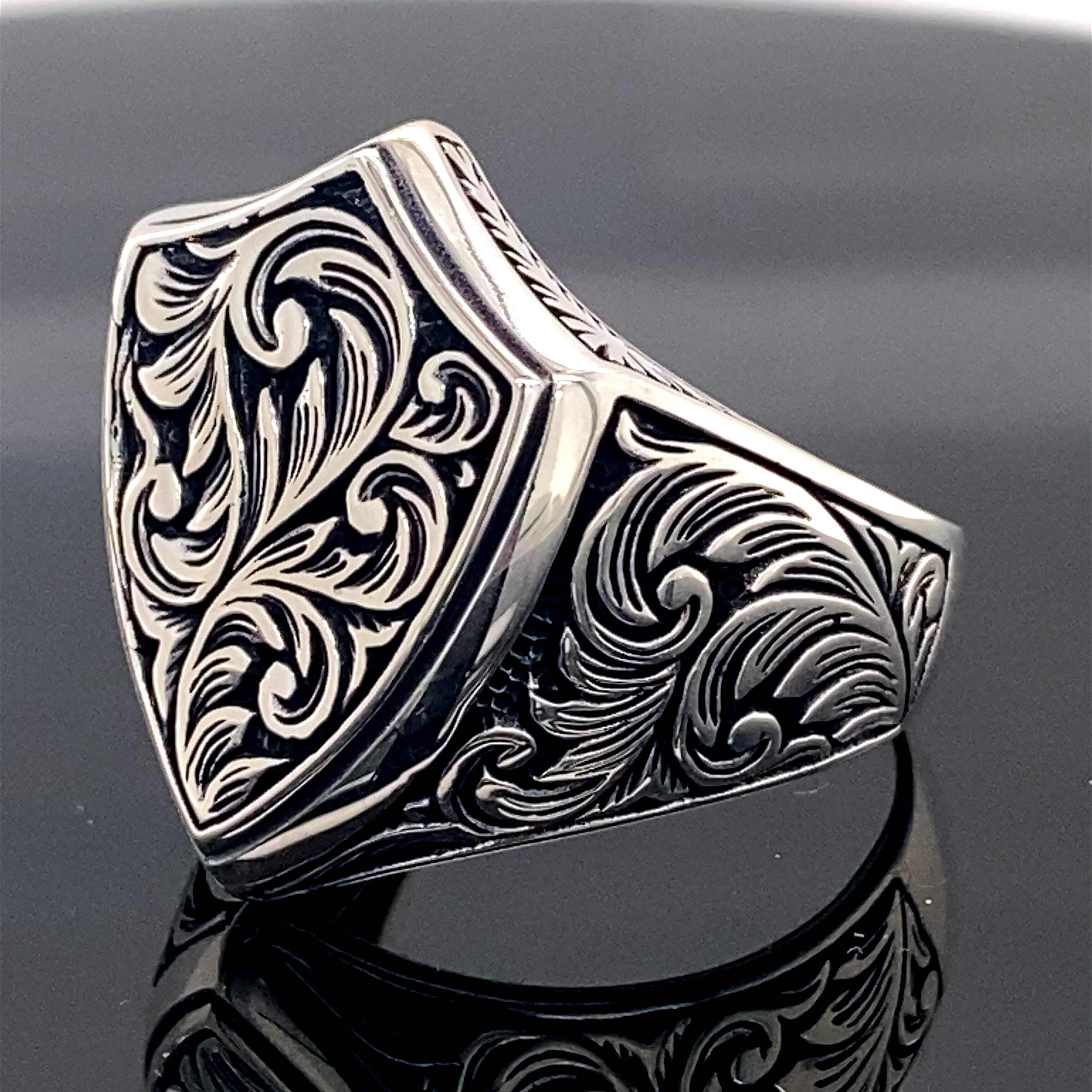 Men Silver Engraved Ring , Shield Hand Engraved Ring , Shield Signet ...