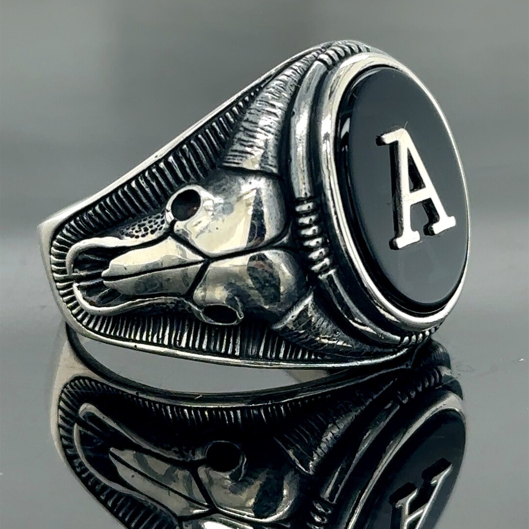 Personalized Letter Onyx Stone Ring , Bull Head Signet Men's Ring ...