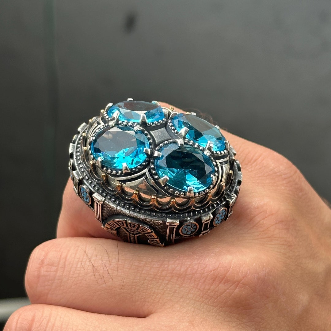 Silver Large Aquamarine Ring , Man Ottoman Style Large Stone Ring ...