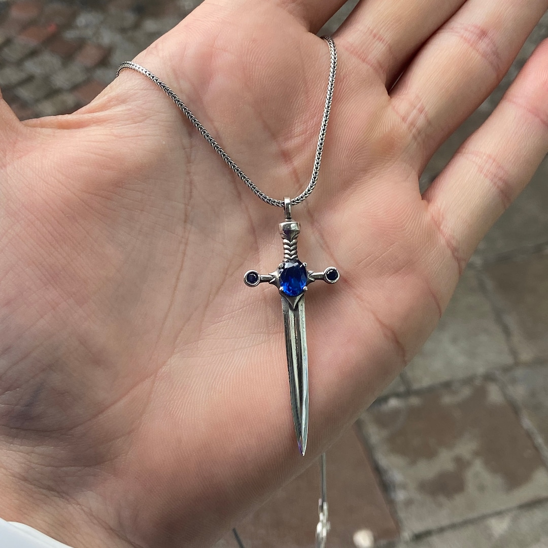 Silver Sword Pendant , Sapphire Stone Sword Necklace , Silver Warrior ...