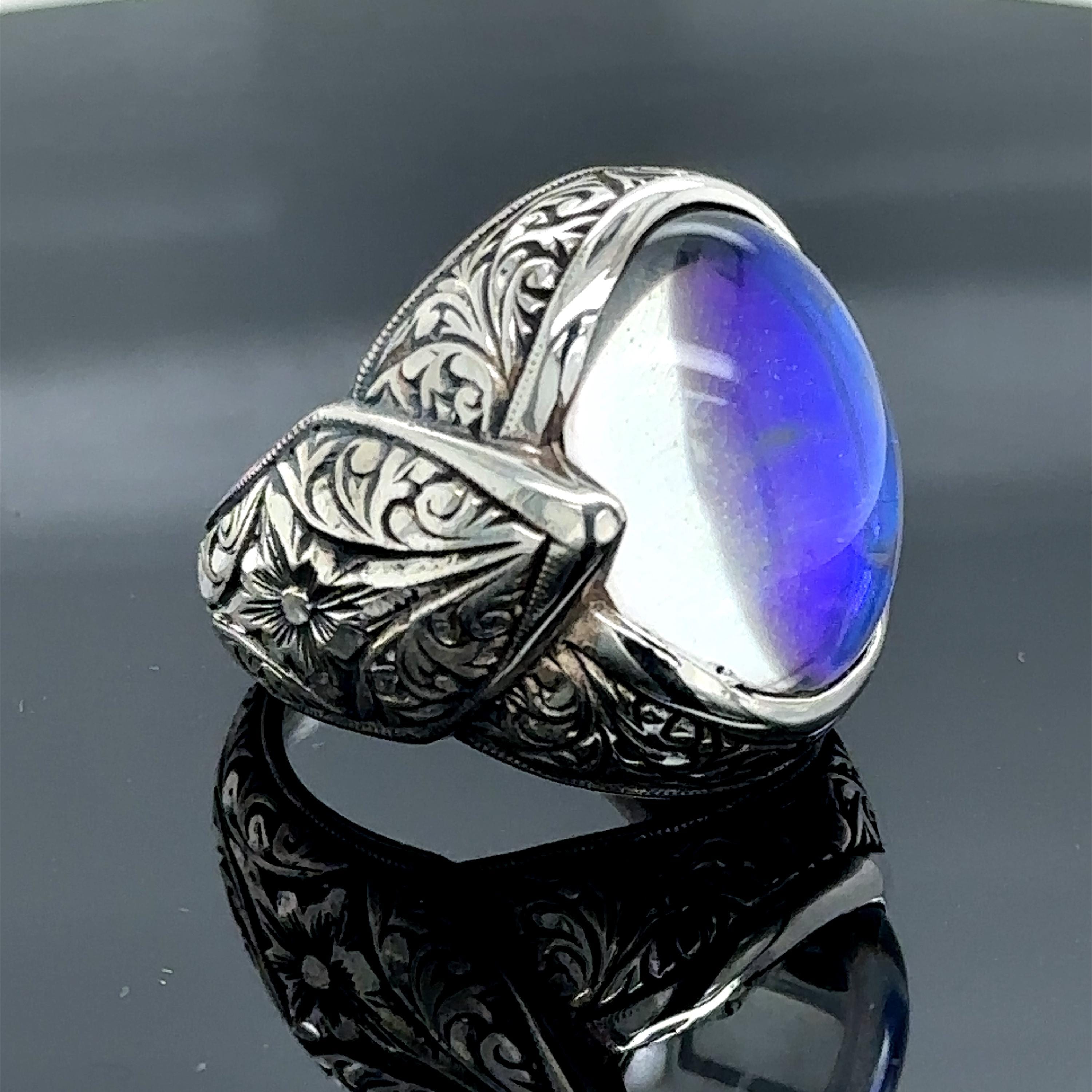 Silver Moonstone Ring , Man Handmade Moonstone Ring , Rainbow Moonstone ...
