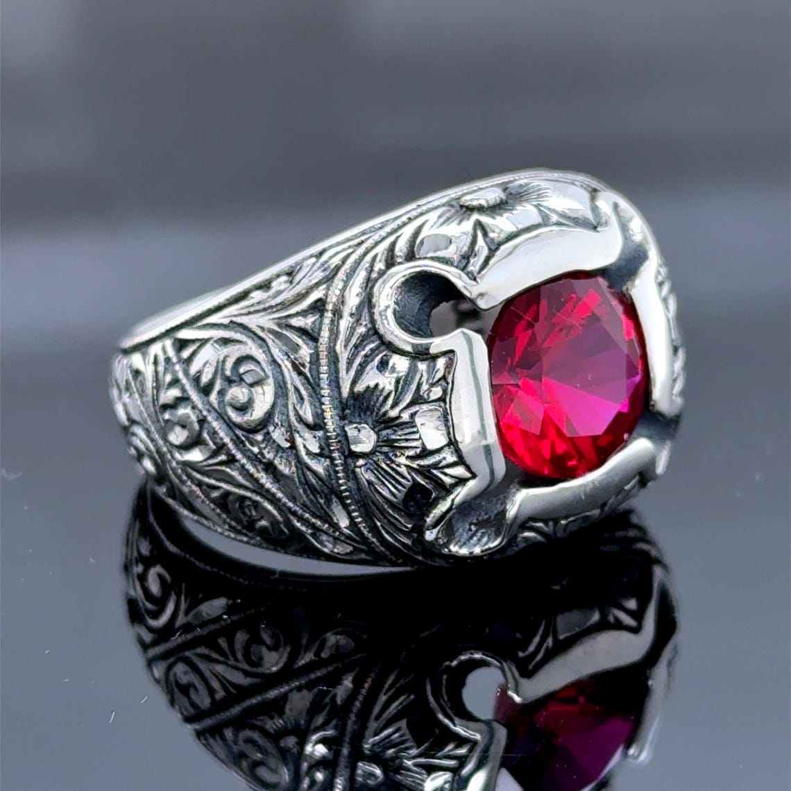 Men Handmade Ruby Stone Ring , Hand Engraved Ring, Minimal Red Stone ...