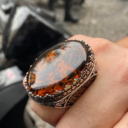 Baltic Amber Ring Man Silver Large Amber Stone Ring - Etsy