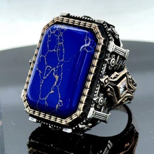 Silver Large Lapis Lazuli Ring, Natural Blue Lapis Signet Ring, Men ...