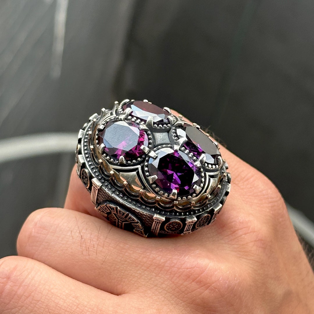 Men Silver Large Amethyst Ring, Silver Handmade Ring, Man Silver Big ...