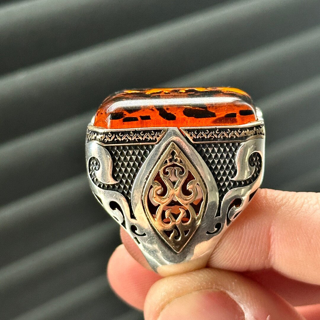Men Large Natural Amber Stone Ring , Square Sterling Silver Amber Ring ...