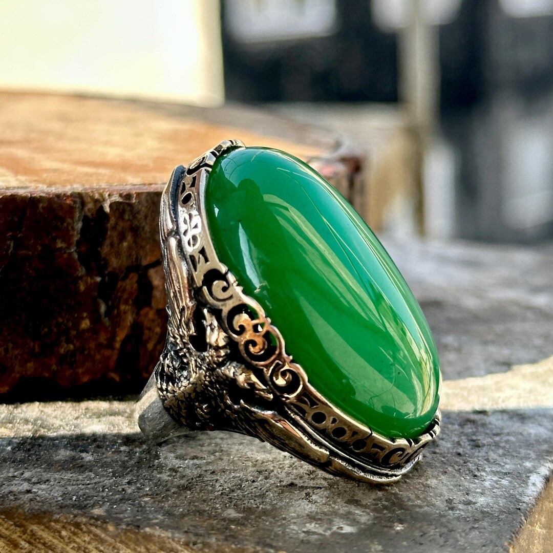 Silver Large Jade Stone Ring , Large Eagle Ottoman Ring, Oval Jade ...