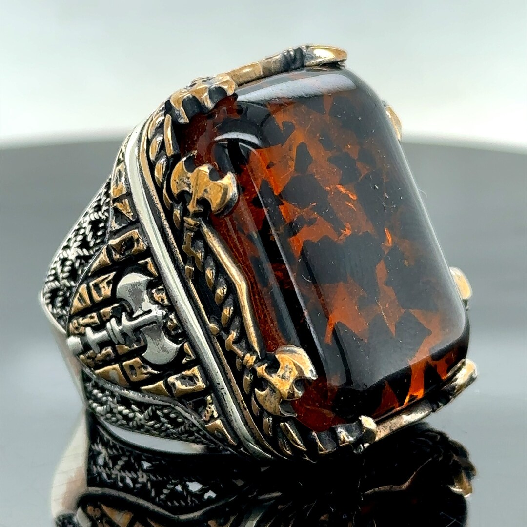 Silver Baltic Amber Ring , Axe Model Ring , Large Natural Amber Ring ...