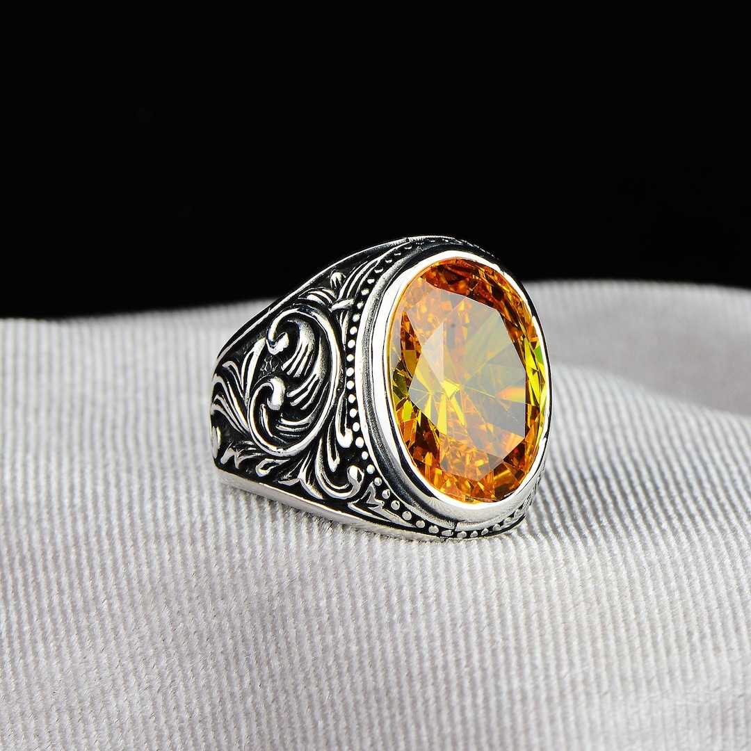 Silver Citrine Stone Ring , Yellow Stone Ring , Engraved Silver Ring ...
