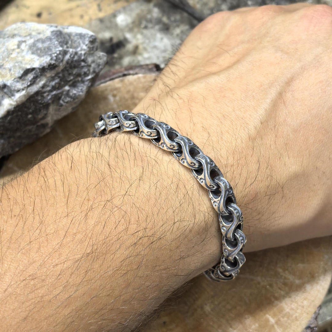 Silver Engraved Chain Bracelet, Men Chain Bracelet, Silver Heavy Chain ...