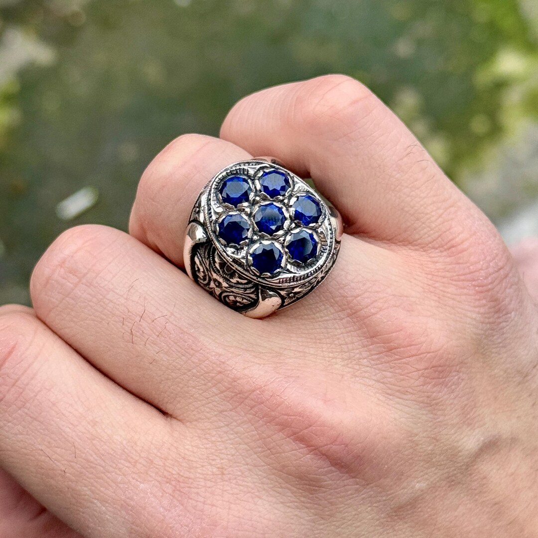 Men Silver Sapphire Blue Signet Ring, Handmade Engraved Silver Ring ...