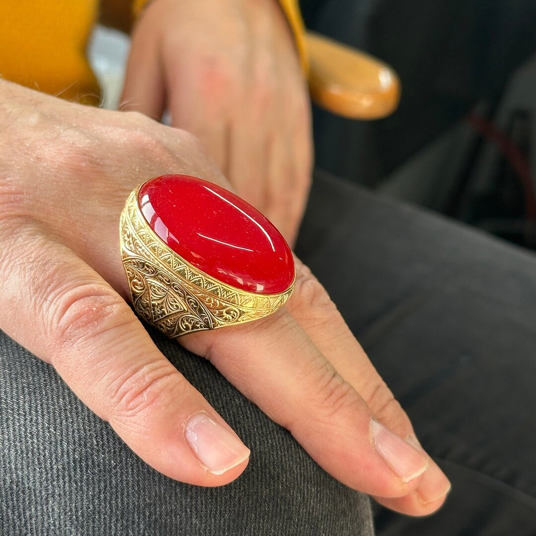 Men Natural Red Jade Stone Ring ,silver Large Stone Ring ,gold Jade ...