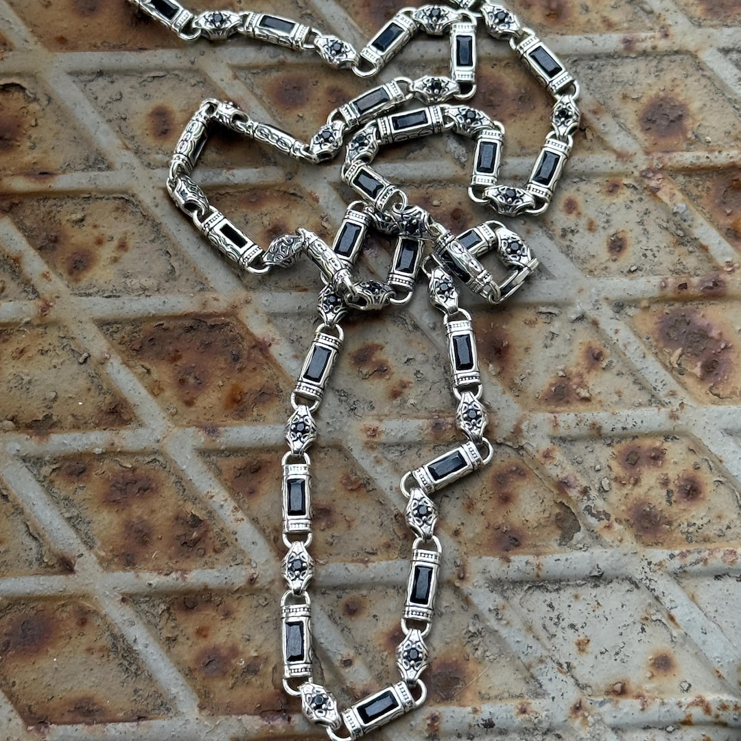 Silver Hand-engraved Onyx Chain, Vintage Onyx Chain Necklace, Men ...