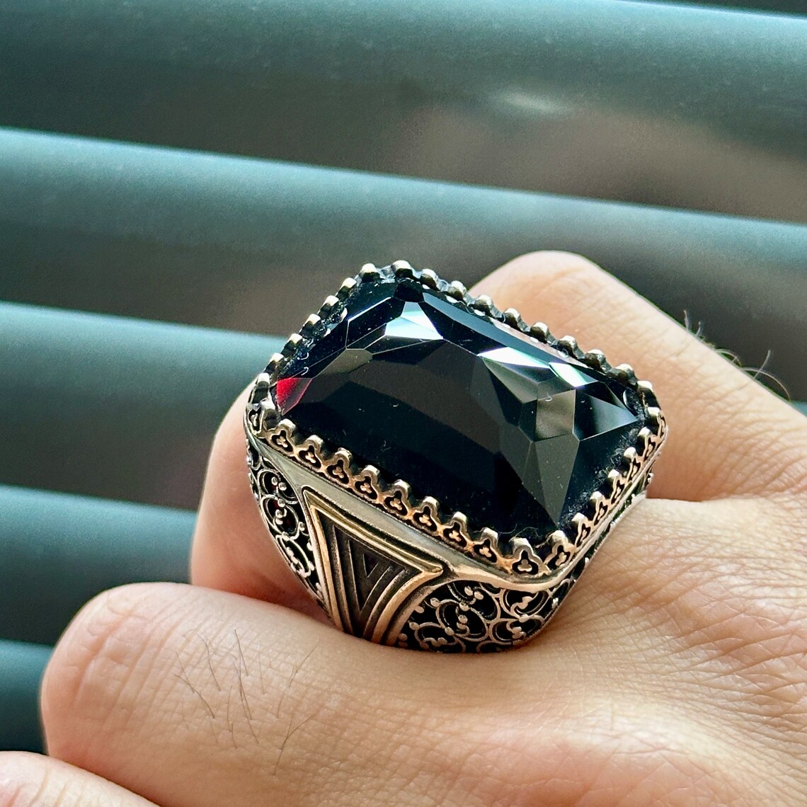 Large Black Gemstone Ring, Men Square Zircon Black Stone Ring, Handmade ...
