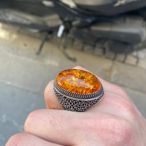 Baltic Amber Ring Man Silver Large Amber Stone Ring - Etsy