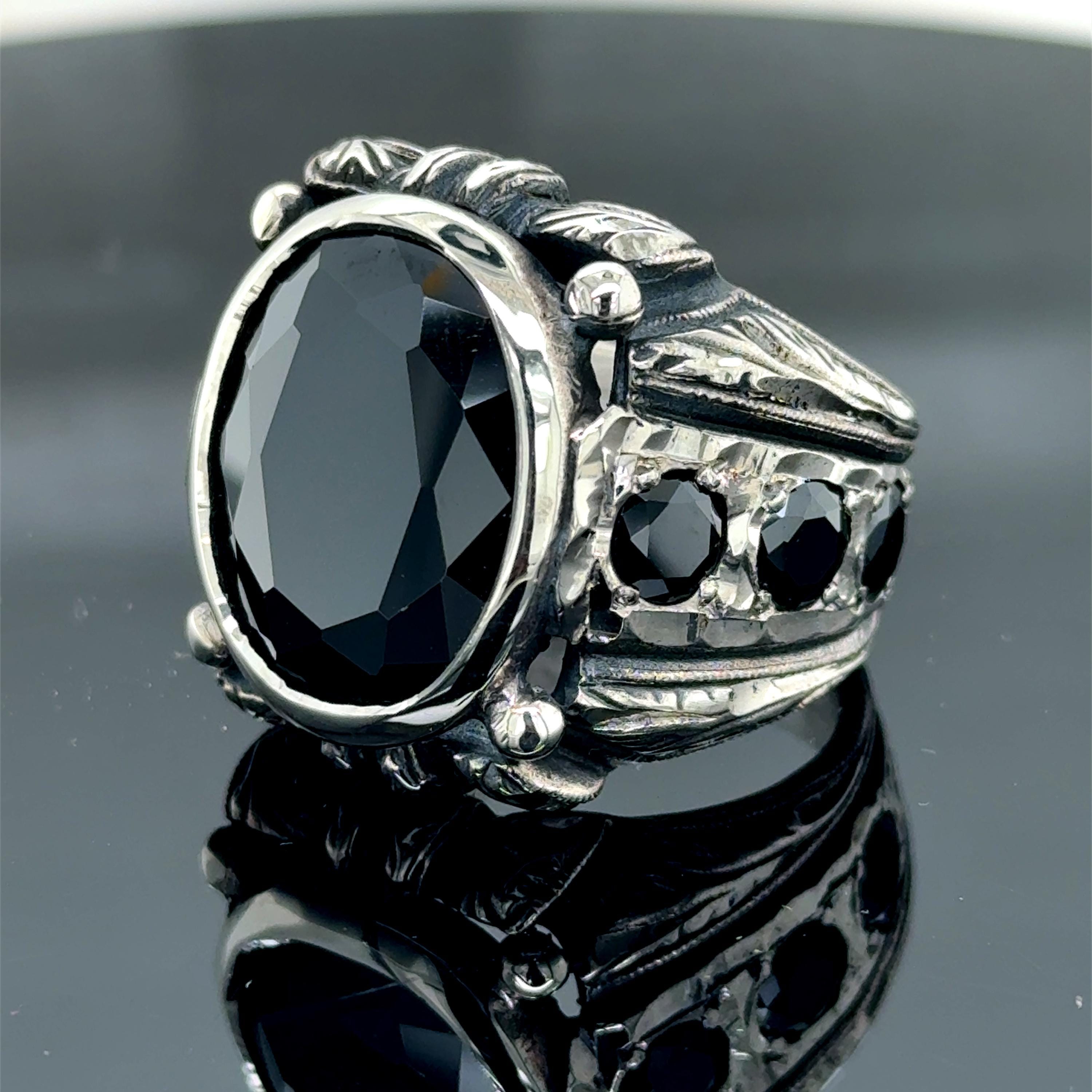 Men Silver Black Onyx Ring, Turkish Engraved Mens Ring, Onyx Signet Men ...
