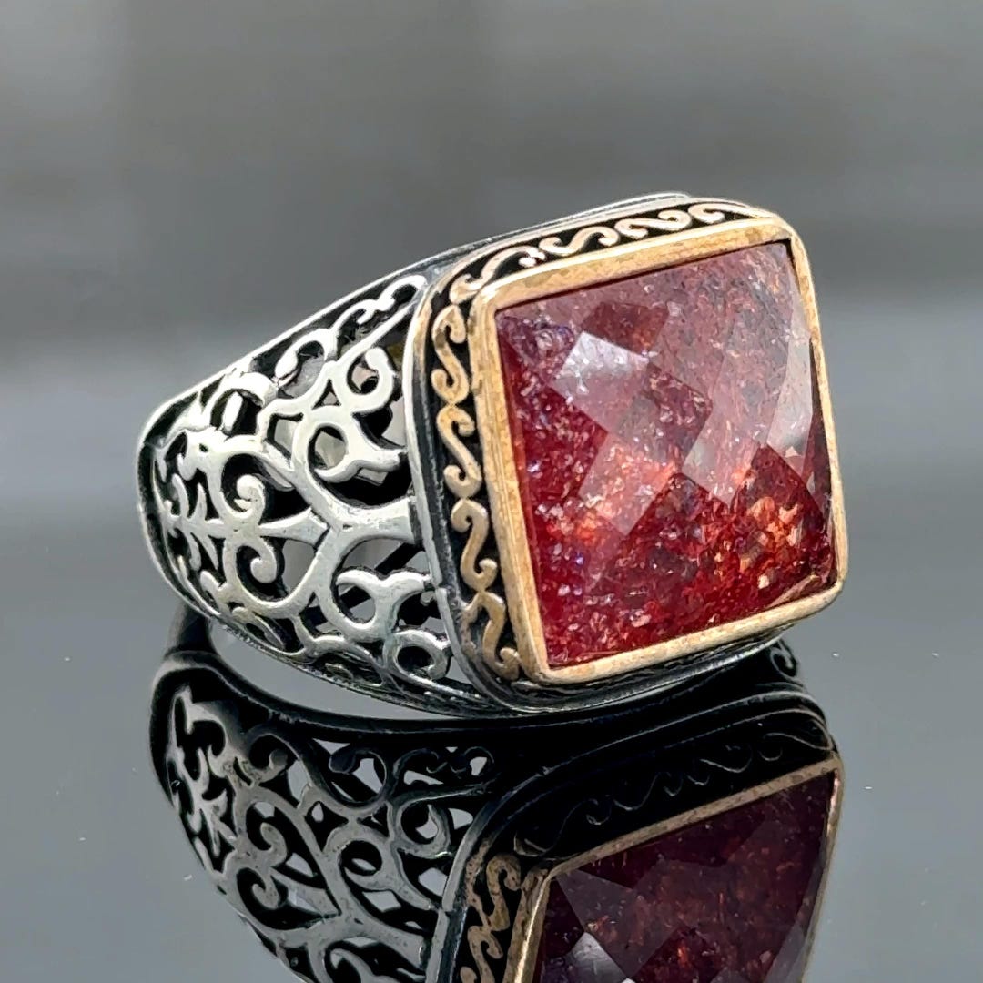 Men Silver Ruby Ring, Engraved Ring, Square Men Ring, Ottoman Style ...
