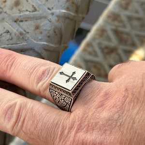 Silver Engraved Cross Medal Ring, Square Cross Ring, Cross Signet Ring ...