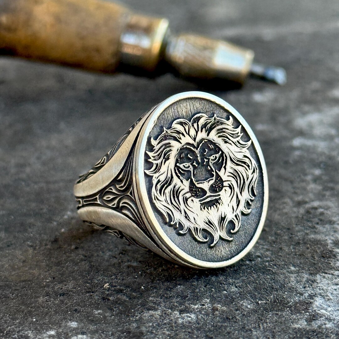 Silver Lion Head Signet Ring, Leo Zodiac Signet Ring, Animal Men Signet ...