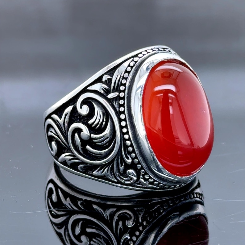 Handgemaakte heren agaat Aqeeq ring, natuurlijke rode agaat ring ...