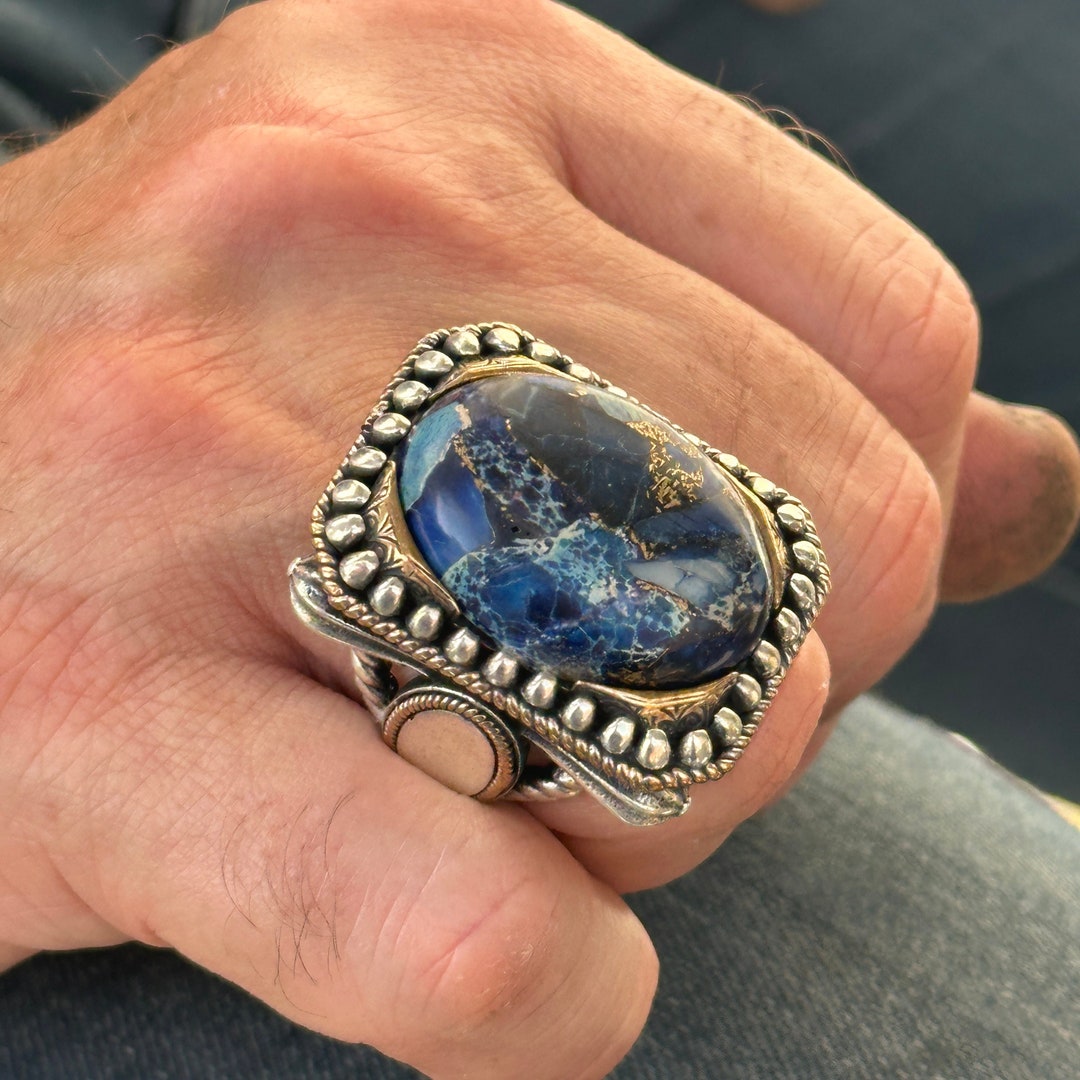 Large Men Silver Ring Azurite Gemstone Ring, Natural Gemstone Men Large ...