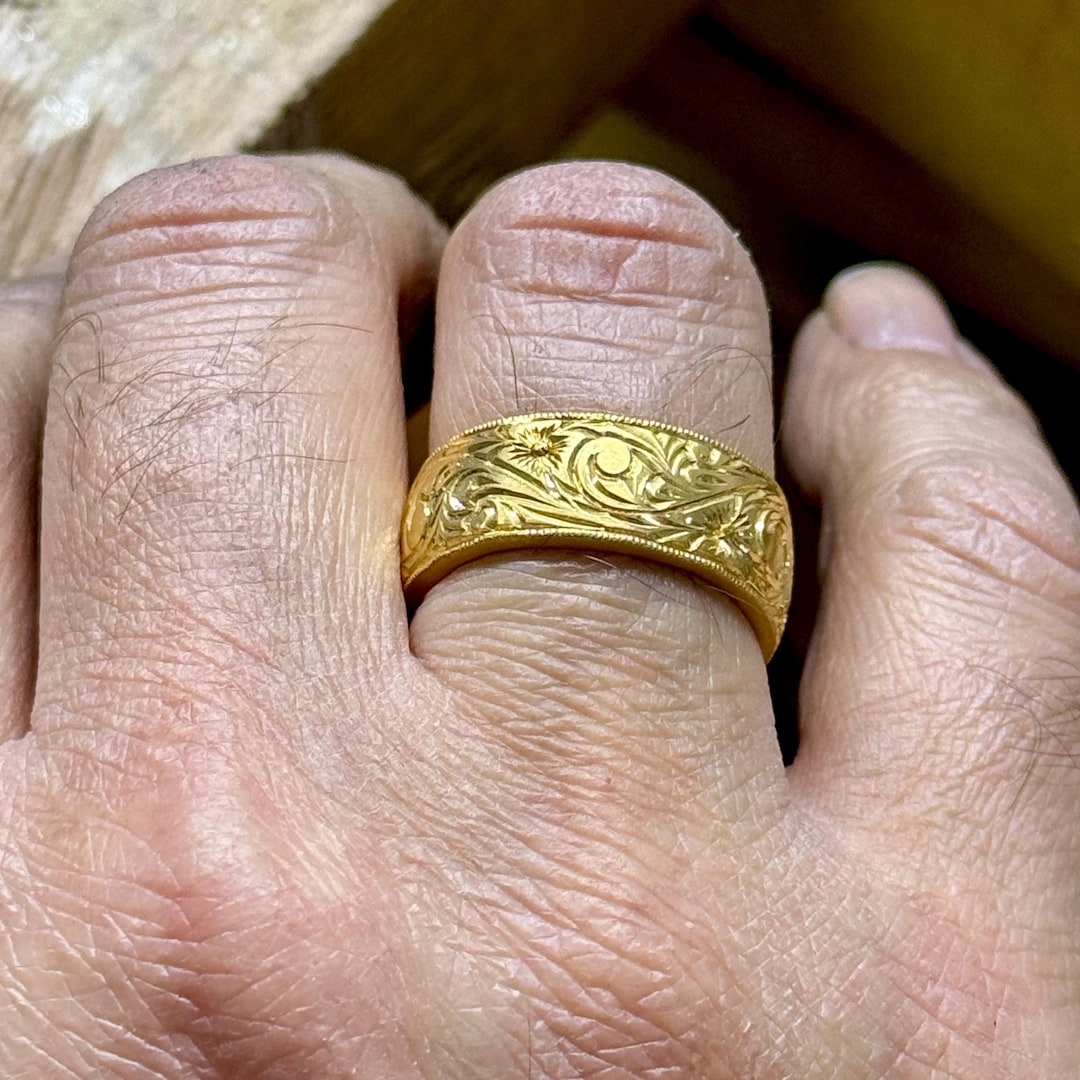 Silver Handmade Engraved Wedding Ring, Gold Unique Floral Wedding Band ...