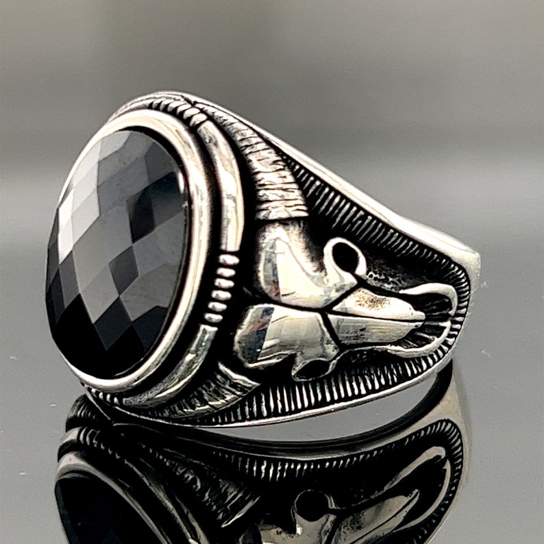 Silver Bull Head Signet Men's Ring , Black Stone Man Ring , Black ...