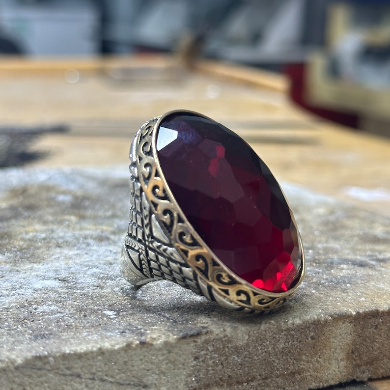 Silver Handmade Large Ruby Ring ,large Big Red Stone Ring , Zircon ...